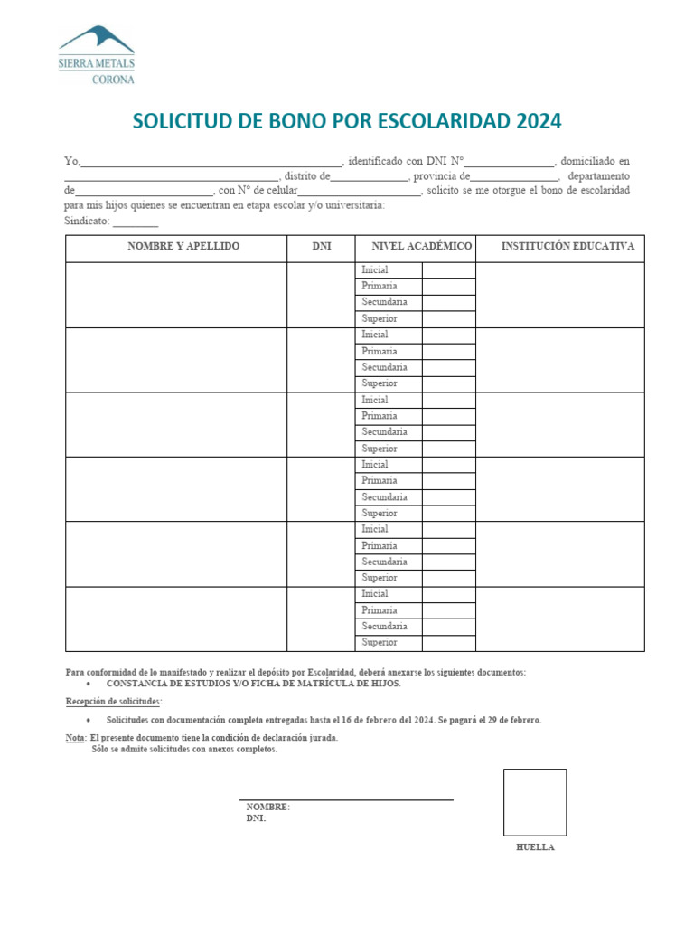 Formato de Solicitud de Bono 2024 | PDF | Educación primaria