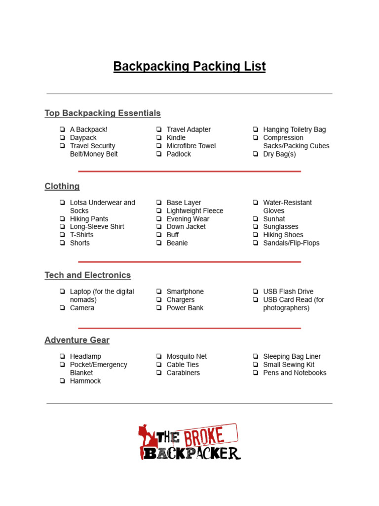 Backpacking Packing List | Download Free PDF | Backpack