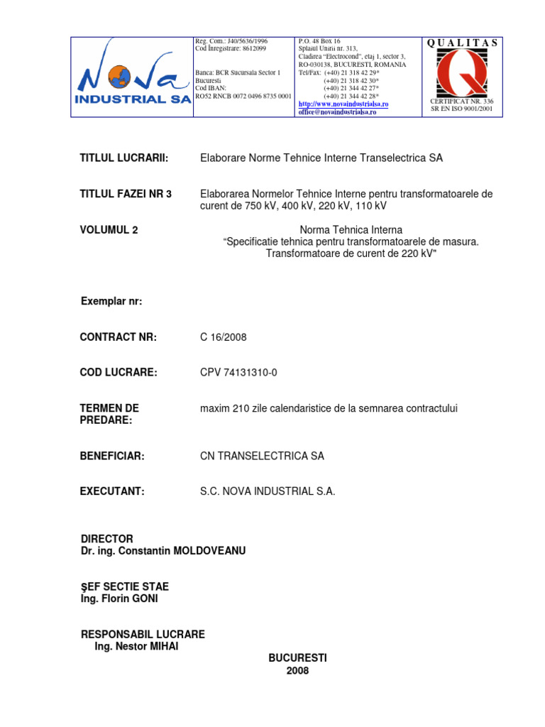 Specificatie Tehnica TC 220 KV | PDF