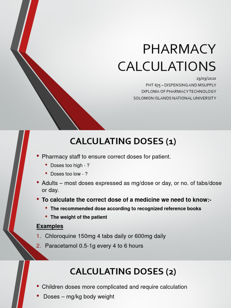 PHARMACY CALCULATIONS | PDF | Chemistry | Dose (Biochemistry)