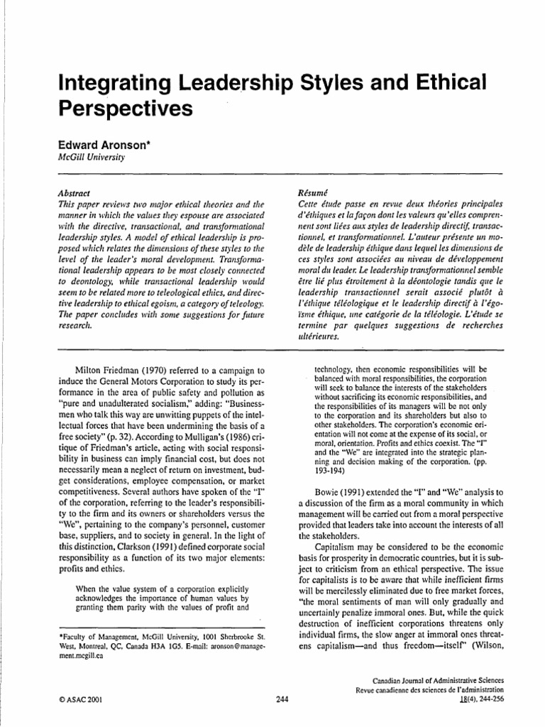 Integrating Leadership Styles and Ethical Perspectives | PDF