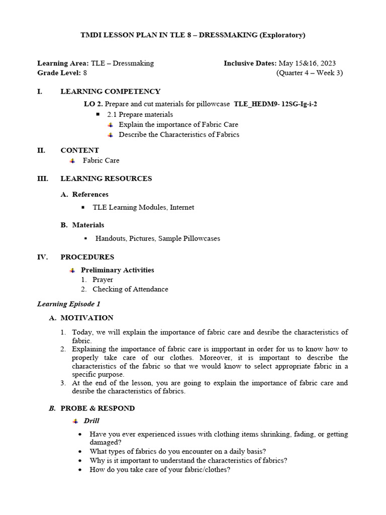 Q4-Tle 8 Dressmaking Week 3 | PDF | Textiles | Materials