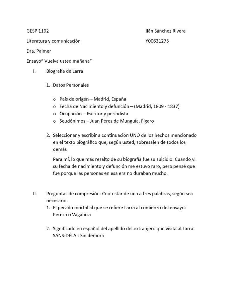 Análisis de "Vuelva usted mañana" de Larra | PDF | Estudios de idiomas extranjeros | Libros para ...