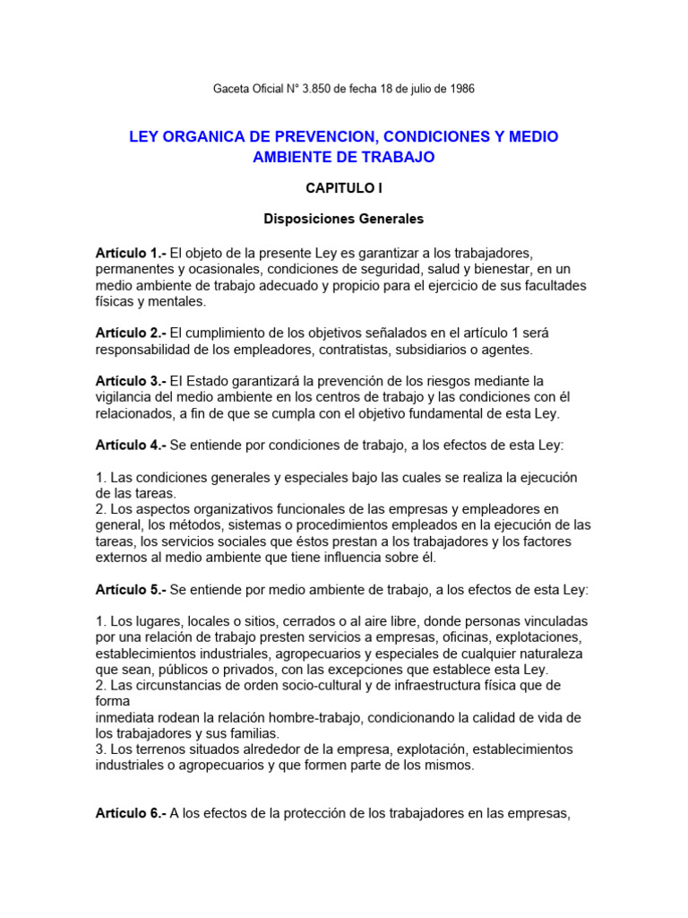 LEY ORGANICA DE PREVENCION, CONDICIONES Y MEDIO AMBIENTE DE TRABAJO ...