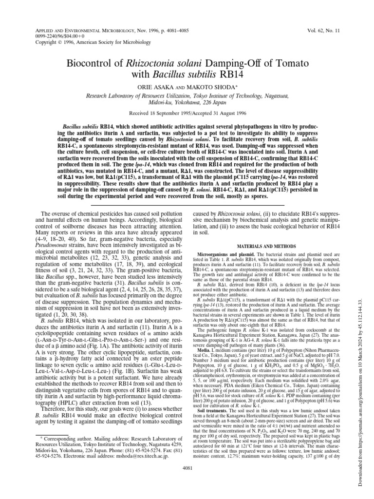 Asaka Shoda 1996 Biocontrol of Rhizoctonia Solani Damping Off of Tomato ...
