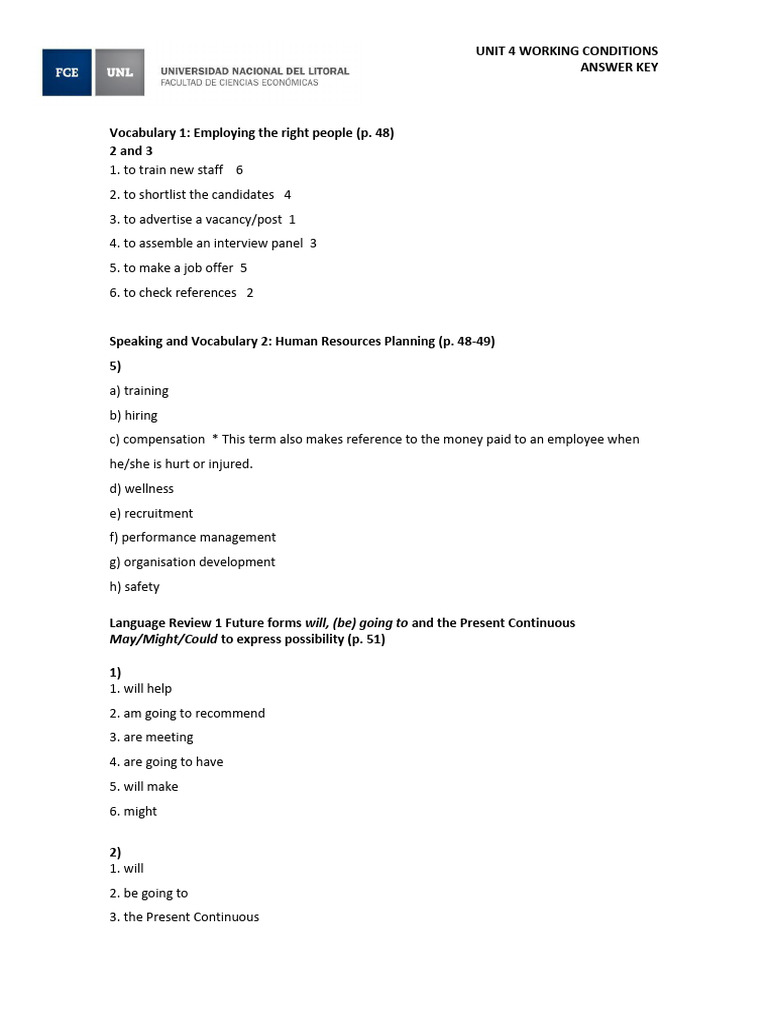 Unit 4 Working Conditions Answer Key | PDF | Employment | Recruitment