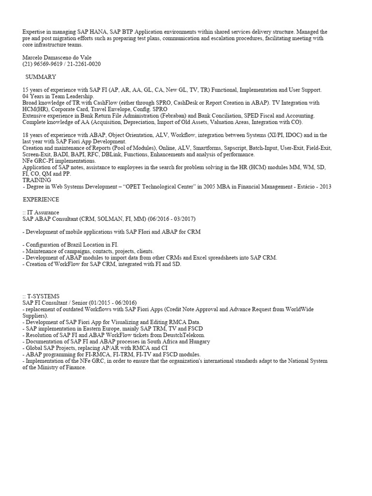 Marcelo Damasceno Do Vale - SAP - English | PDF | Customer Relationship Management | Computing
