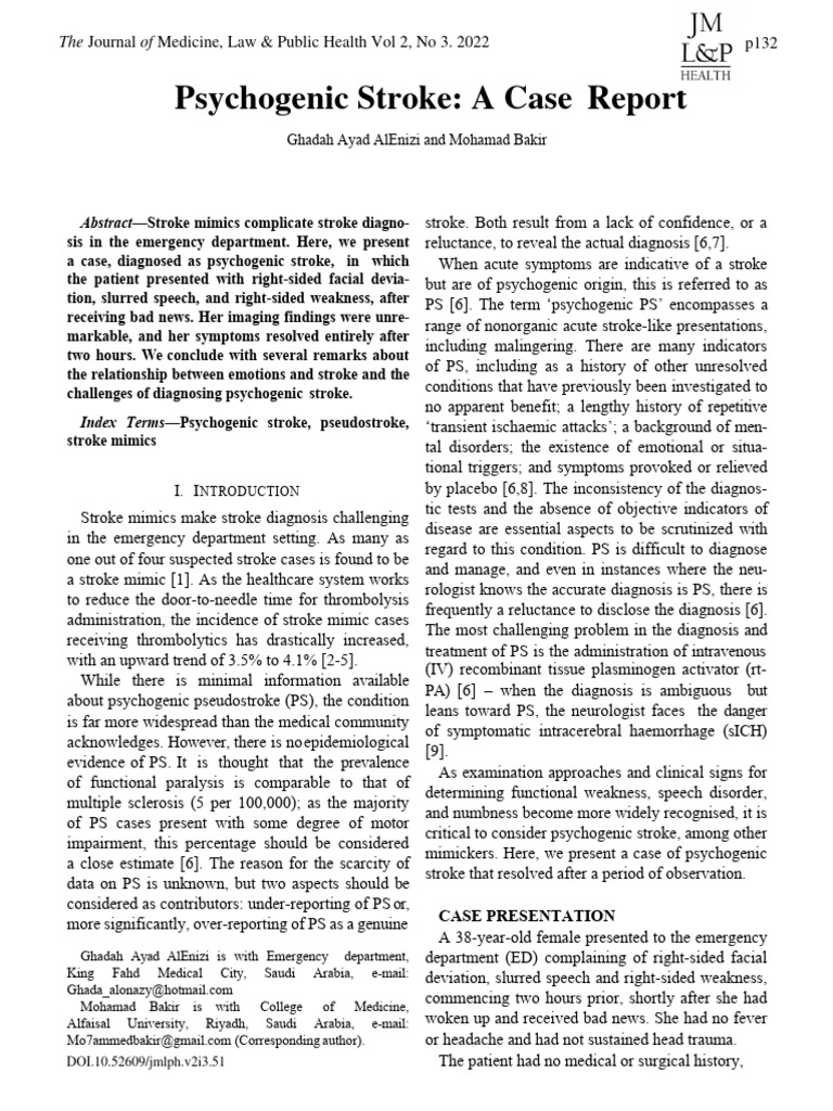 Psychogenic Stroke A Case Report | PDF | Stroke | Clinical Medicine