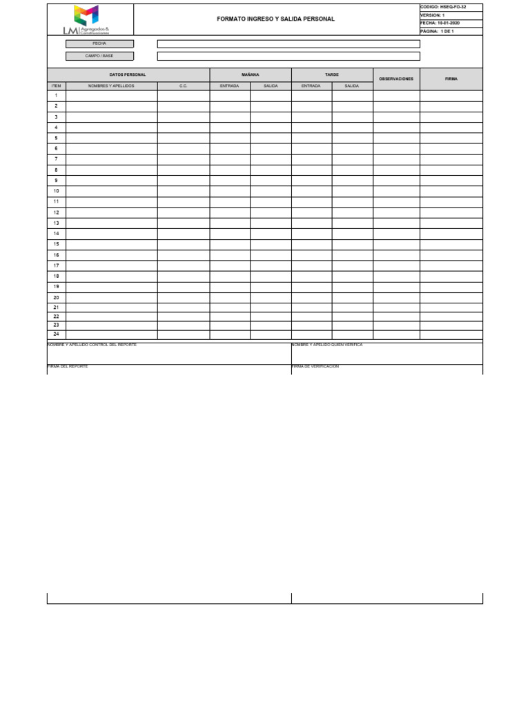 Formato Control Ingreso | PDF