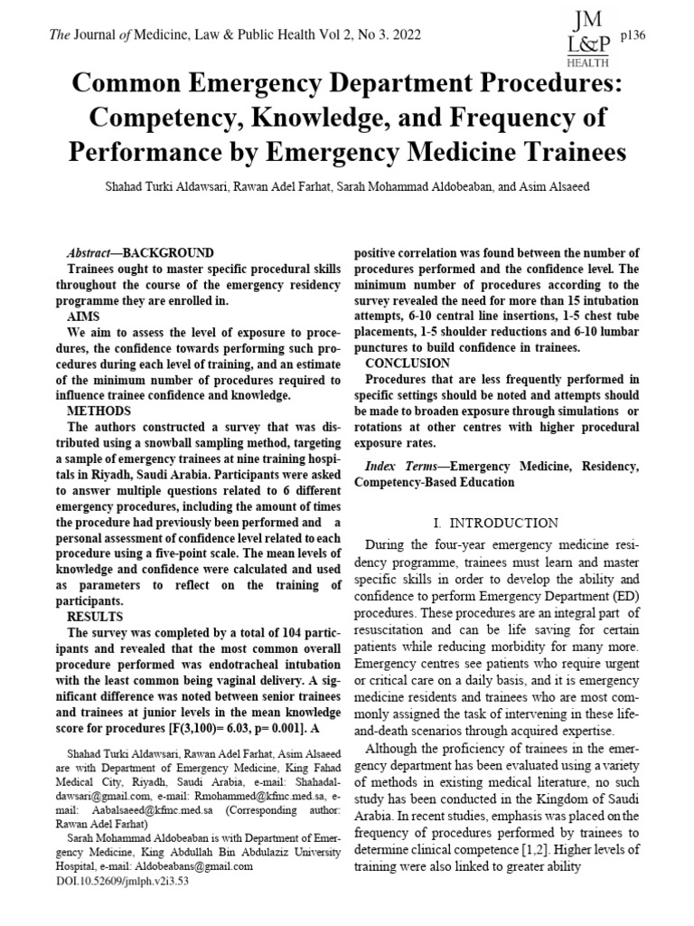 Common Emergency Department Procedures Competency, Knowledge, and ...