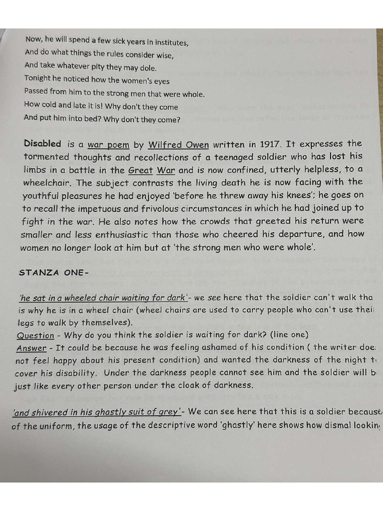 Disabled Poem Analysis | PDF