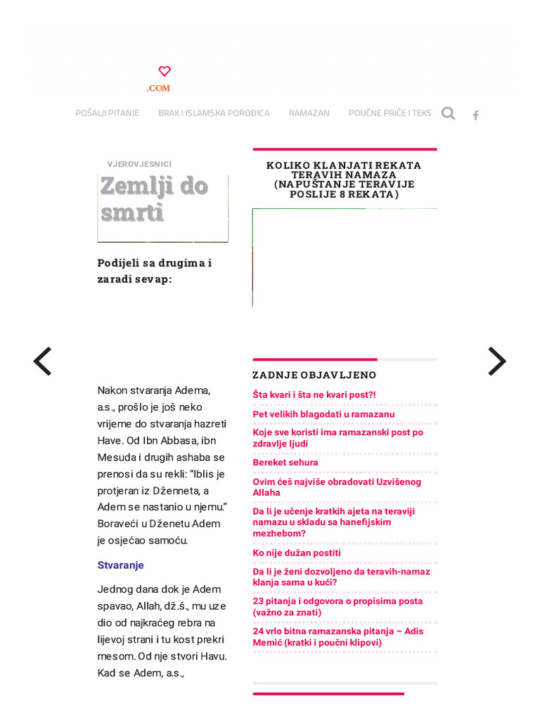 Adem, A.s., I Hava - Od Stvaranja, Života Na Zemlji Do Smrti | PDF