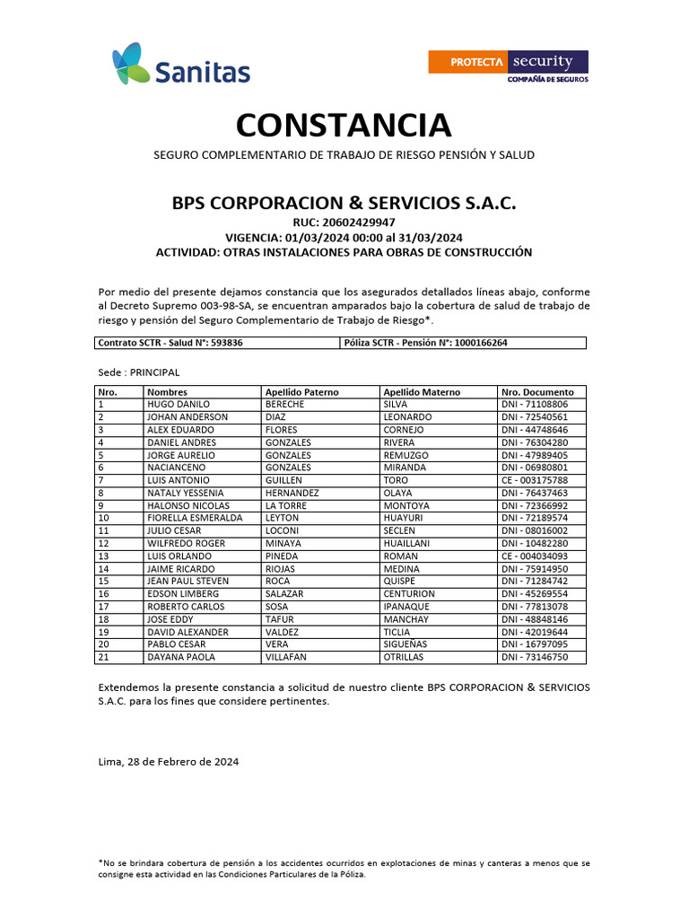 Constancia de Renovacion SCTR Marzo 2024 - BPS | PDF