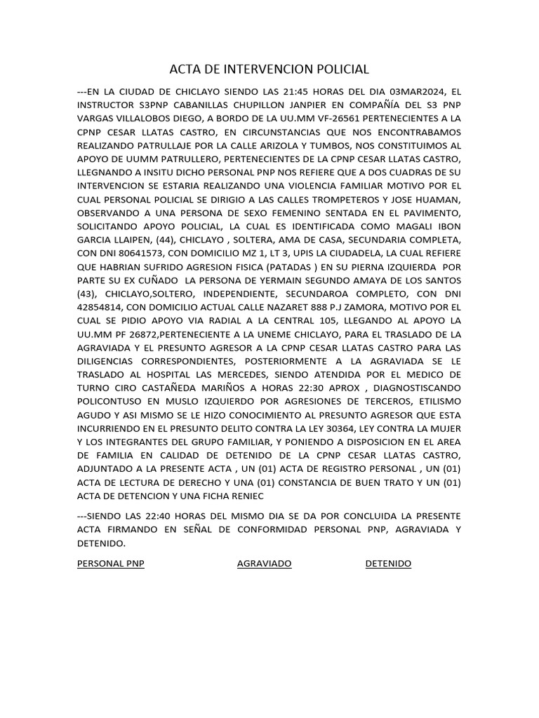 Acta de Intervencion Policial | PDF