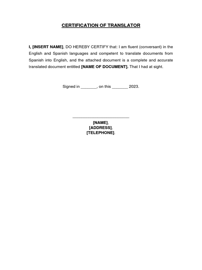 Certification of Translator Example | PDF