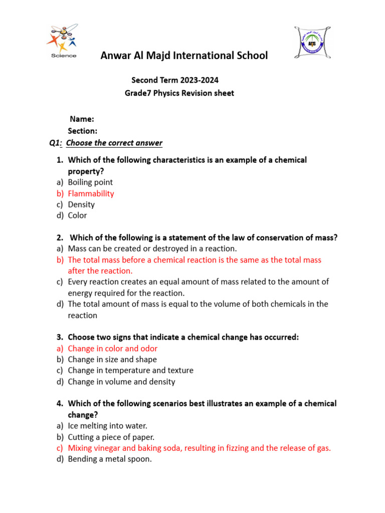 Answer Key Second Final Revision Phy | PDF | Chemical Reactions | Chemical Substances
