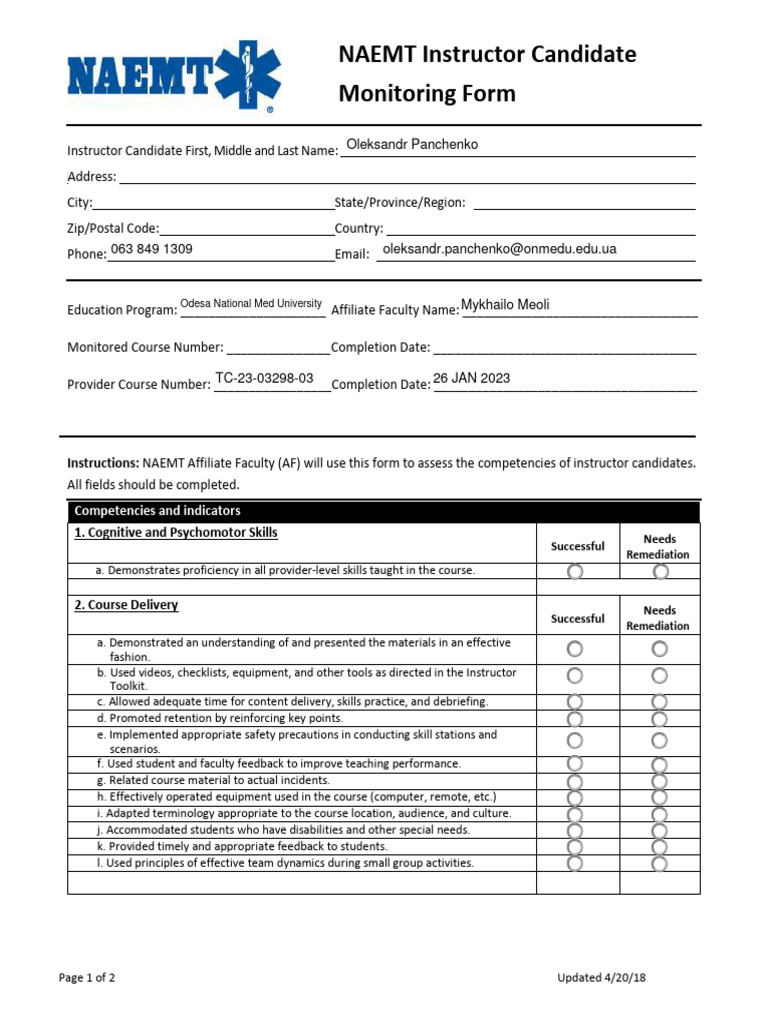 NAEMT Instructor Candidate Assessment Form | PDF | Course Evaluation