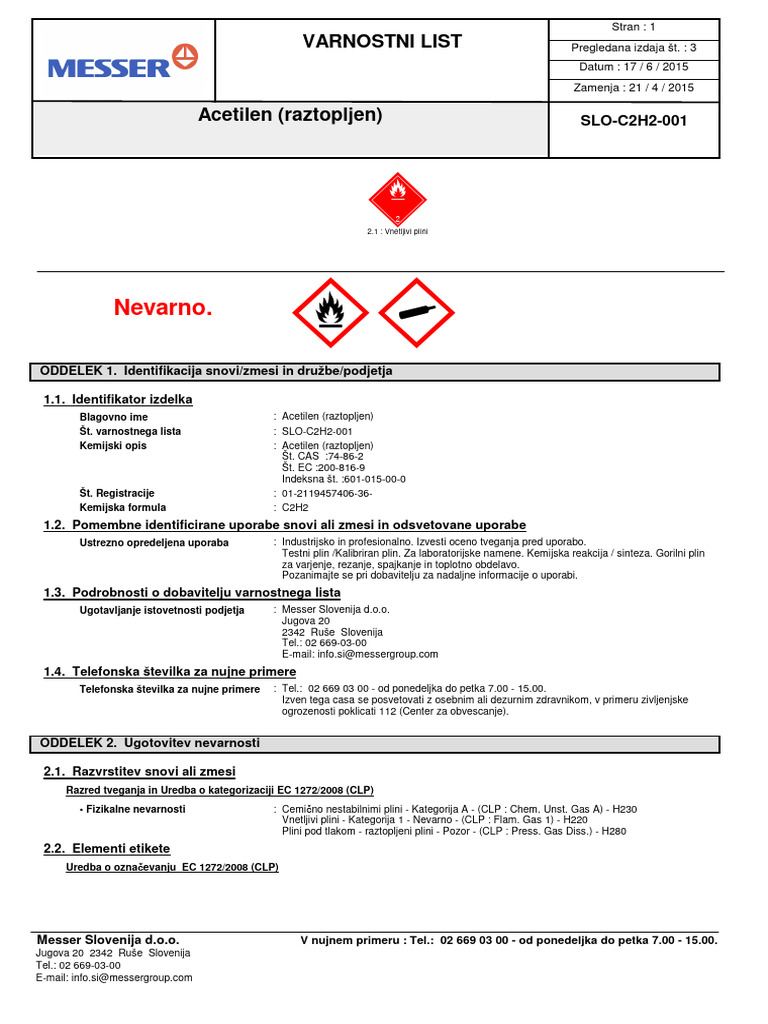Varnostni List Acetilen | PDF