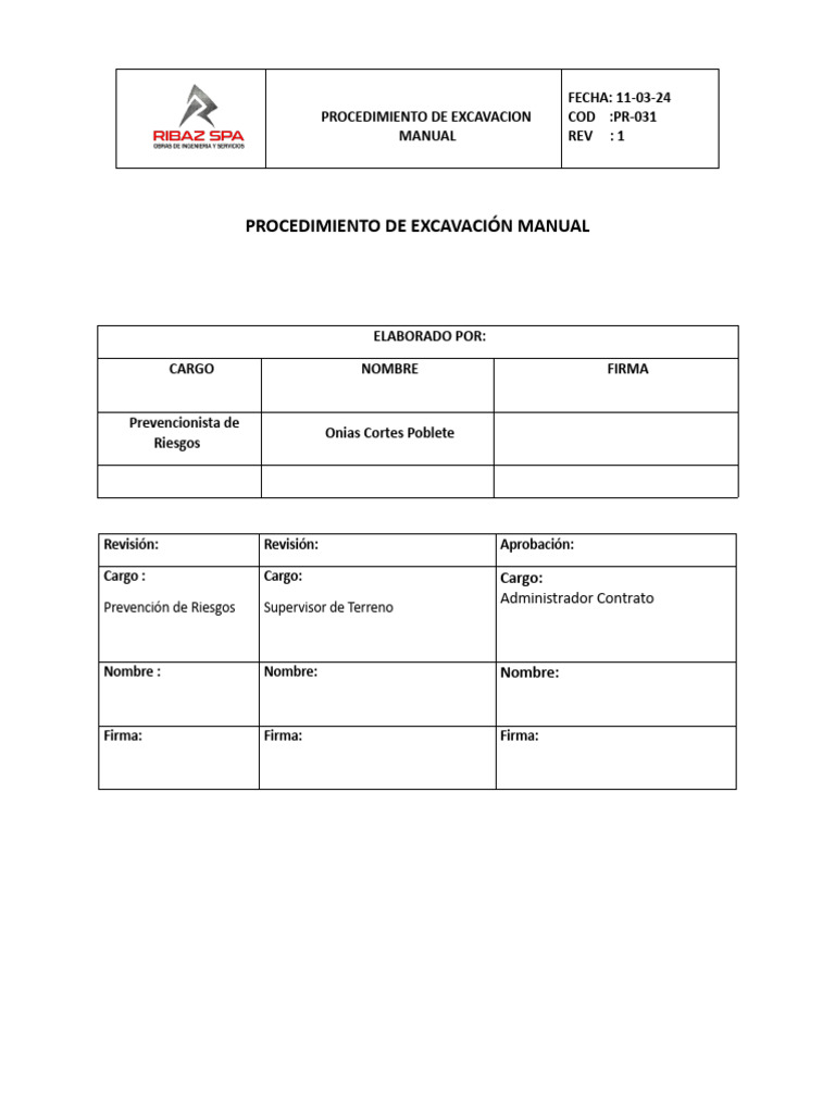 Procedimiento de Excavación Manual | PDF | Seguridad y salud ...