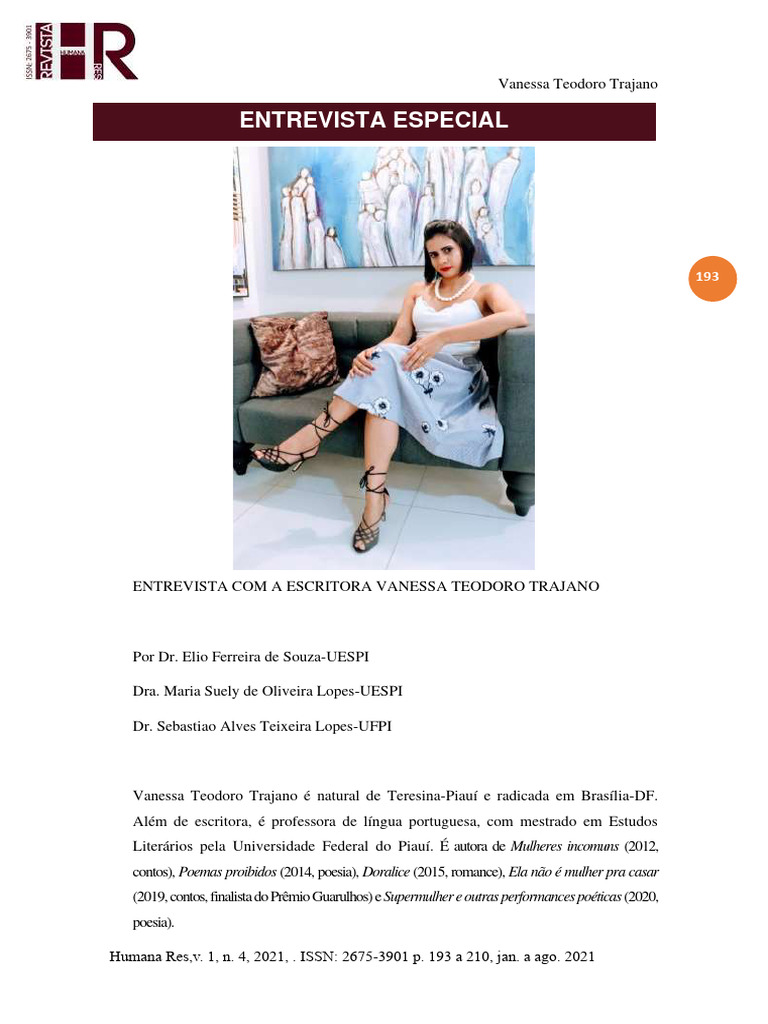 Entrevista Com A Escritora Vanessa Teodoro Trajano | PDF | Feminismo | Estudos de Gênero