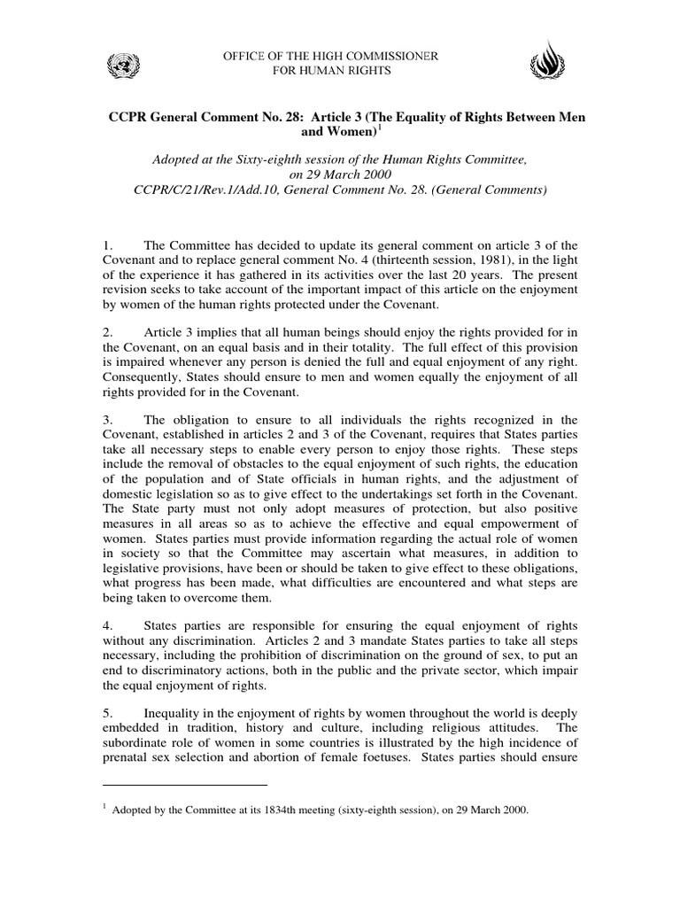 CCPR General Comment No. 28 | PDF | Marriage | Family