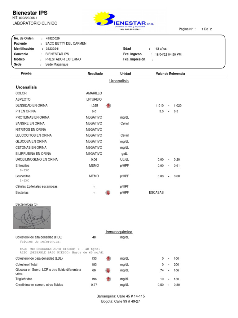 Bienestar IPS: Laboratorio Clinico | PDF | Lipoproteínas de baja densidad | Fluidos corporales
