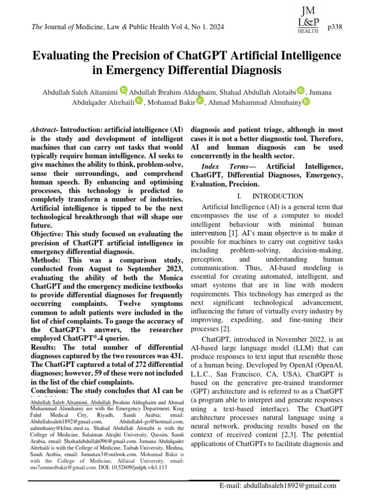 Evaluating The Precision of ChatGPT Artificial Intelligence in Emergency Differential Diagnosis ...