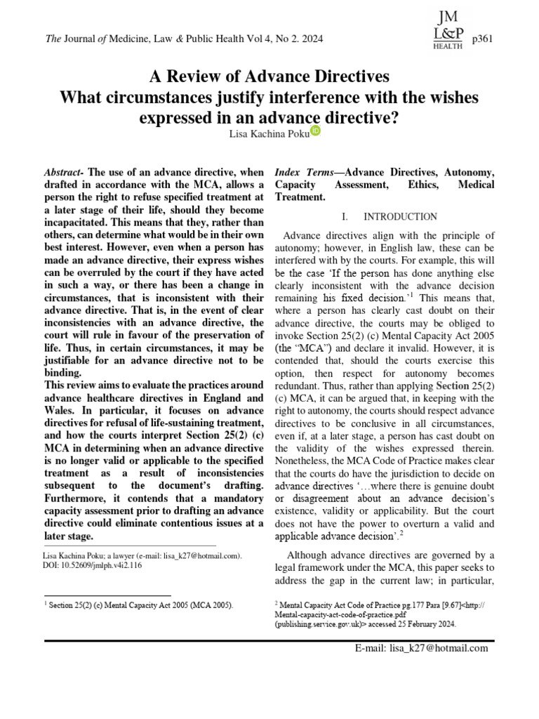 A Review of Advance Directives | PDF | Autonomy | Burden Of Proof (Law)