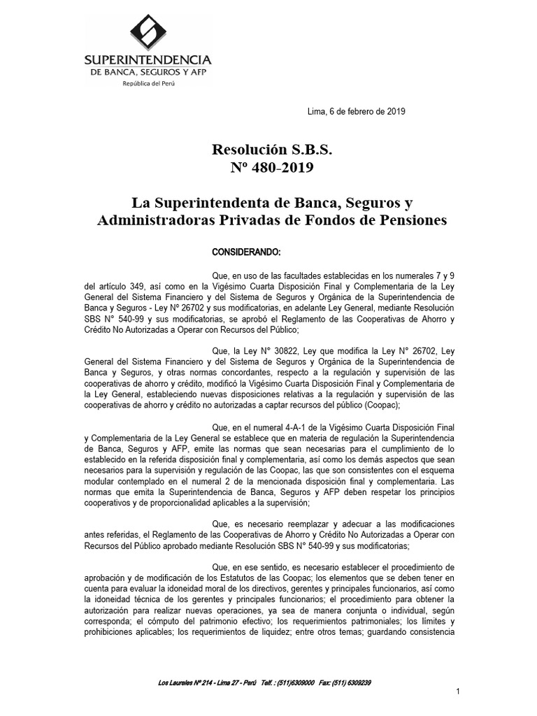 Resolución S.B.S. #480-2019 La Superintendenta de Banca, Seguros y Administradoras Privadas de ...