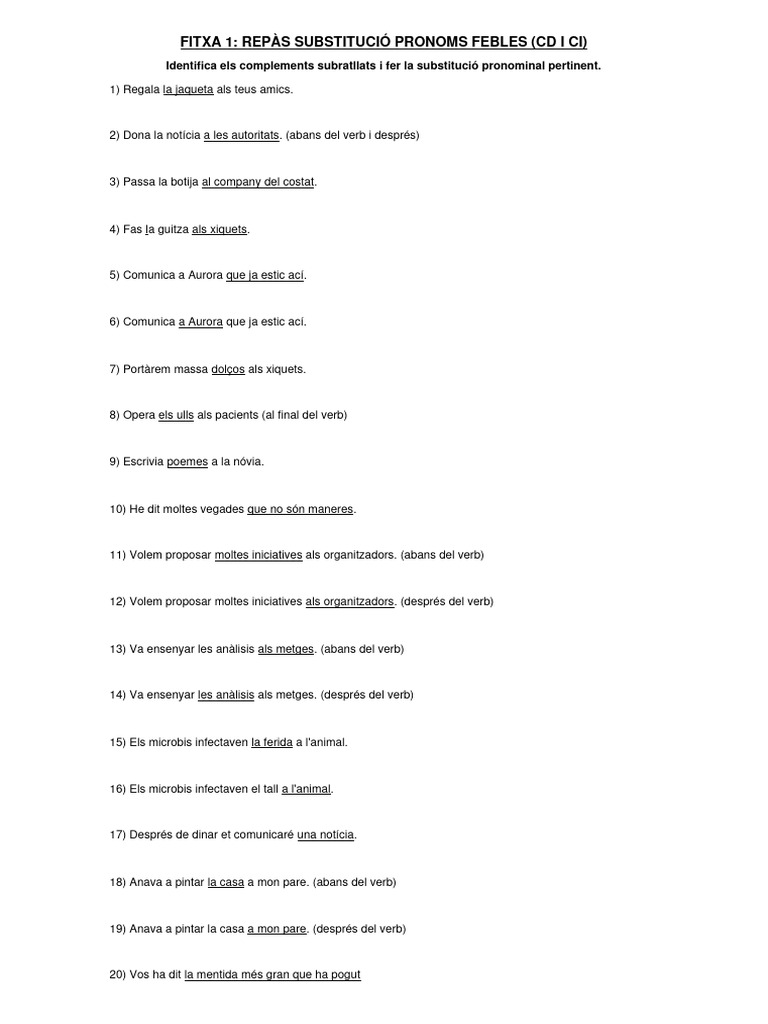 FITXA 1 - SUBSTITUCIÓ PRONOMS FEBLES (CD + CI) | PDF