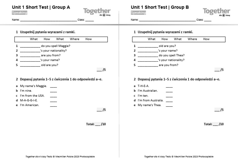 Together Kl4 Short Test U1 Speaking AB | PDF