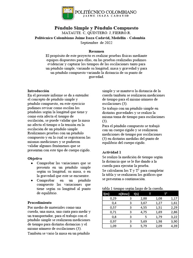 Taller LAB. Pendulo Simple y Pendulo Compuesto | Descargar gratis PDF | Péndulo | Naturaleza