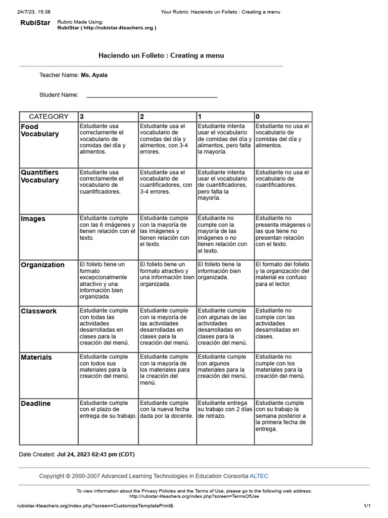 Menu Rubric | PDF