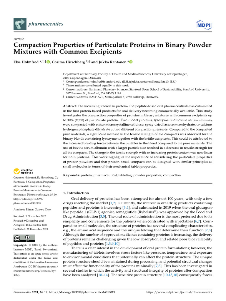 Compaction Properties of Particulate Proteins in B | PDF | Pharmaceutical Formulation | Tablet ...