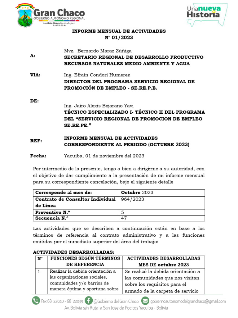 Informe de Actividades de Alexis Bejarano | PDF | Finanzas y dinero