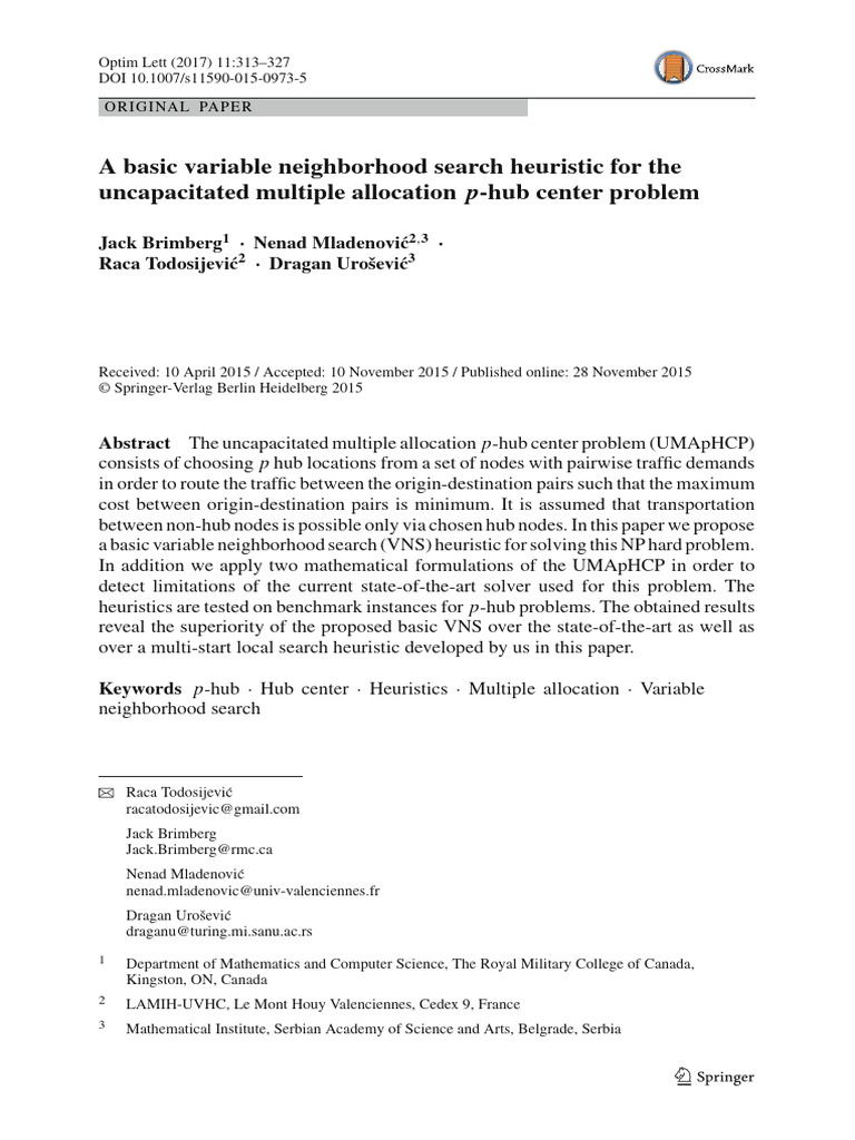 g18uHI-variable Neighbourhood Earch - Uncapacitated Multiple Allocation P-Hub Center Problem ...