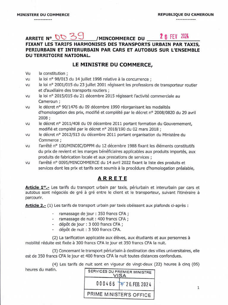 Arrêté Fixant Les Tarifs Harmonisés Des Transports Urbain Par Taxis ...