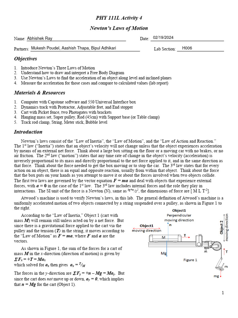 Activity Manual - PHY 111 Lab 04 - Newtons Laws | PDF | Force | Friction