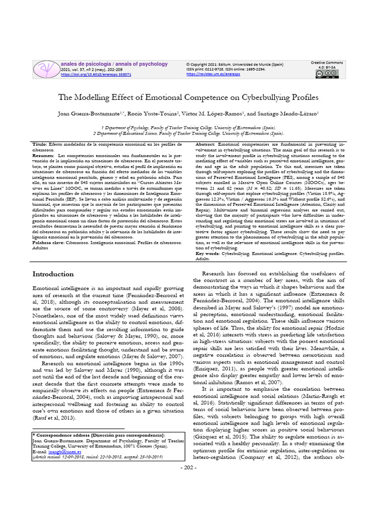 The Modelling Effect of Emotional Competence on Cyberbullying Profiles ... The Modelling Effect of Emotional Competence on Cyberbullying Profiles ...