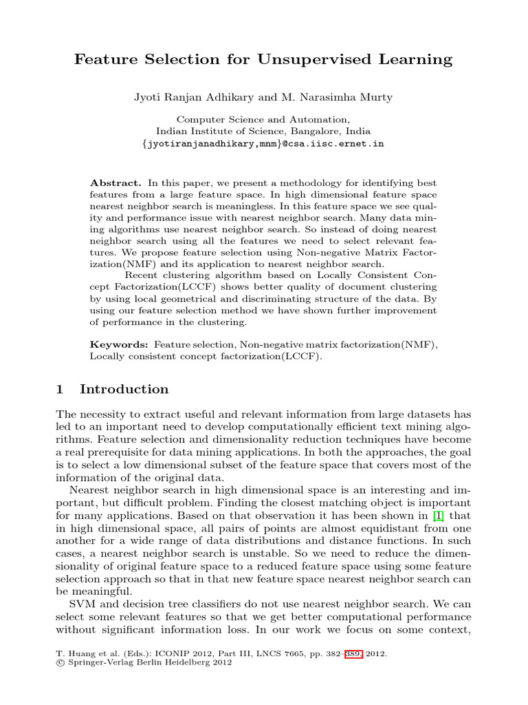 Adhikary e Murty - 2012 - Feature Selection For Unsupervised Learning | PDF | Teaching Methods ...