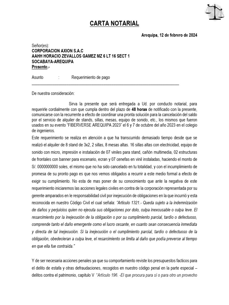 Carta Notarial Exigiendo Pago VIVIAN | PDF | Ley Pública | Justicia