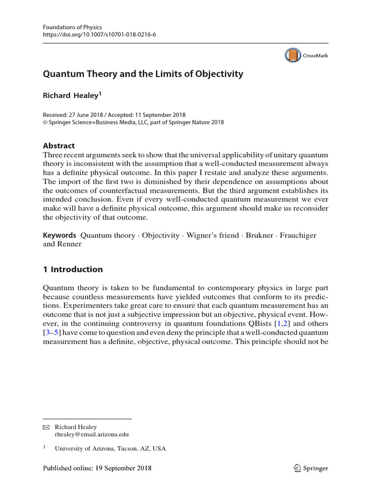 Healey, 2018, Quantum Theory and The Limits of Objectivity | PDF | Quantum Mechanics | Measure ...