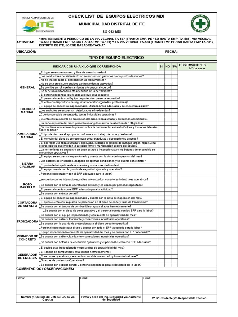 SG-013-MDI - PETAR TRABAJOS CON ENERGIA ELECTRICA - CHECK LIST | PDF ...