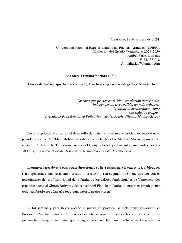 Las Siete Transformaciones (7t) | PDF | Venezuela | Estado (política)