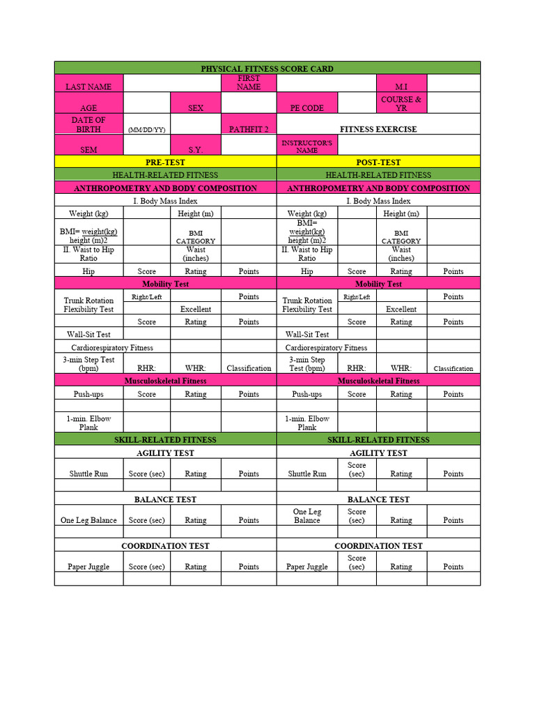 Physical Fitness Score Card | PDF | Body Mass Index | Physical Fitness