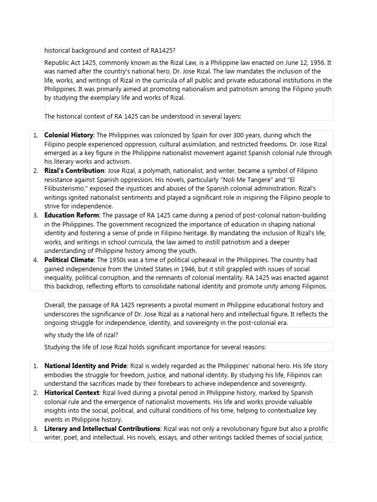 Historical Background and Context of RA1425 | PDF | Philippines ...