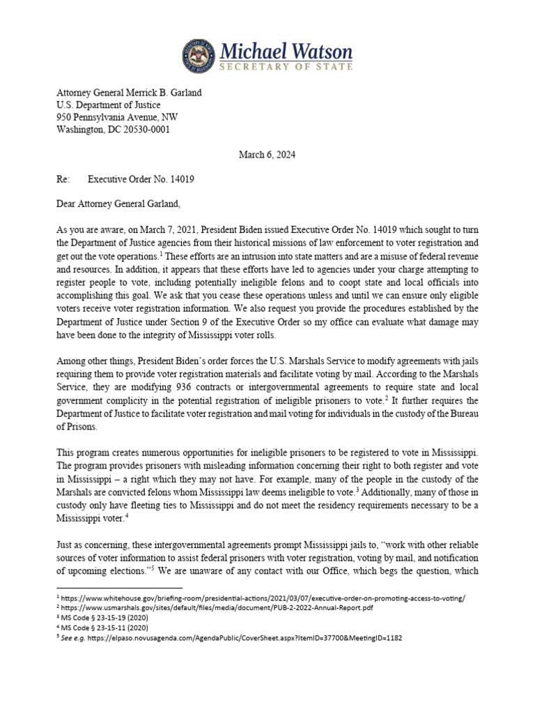 MS SOS Letter To AG Garland | PDF | Voter Registration | United States ...