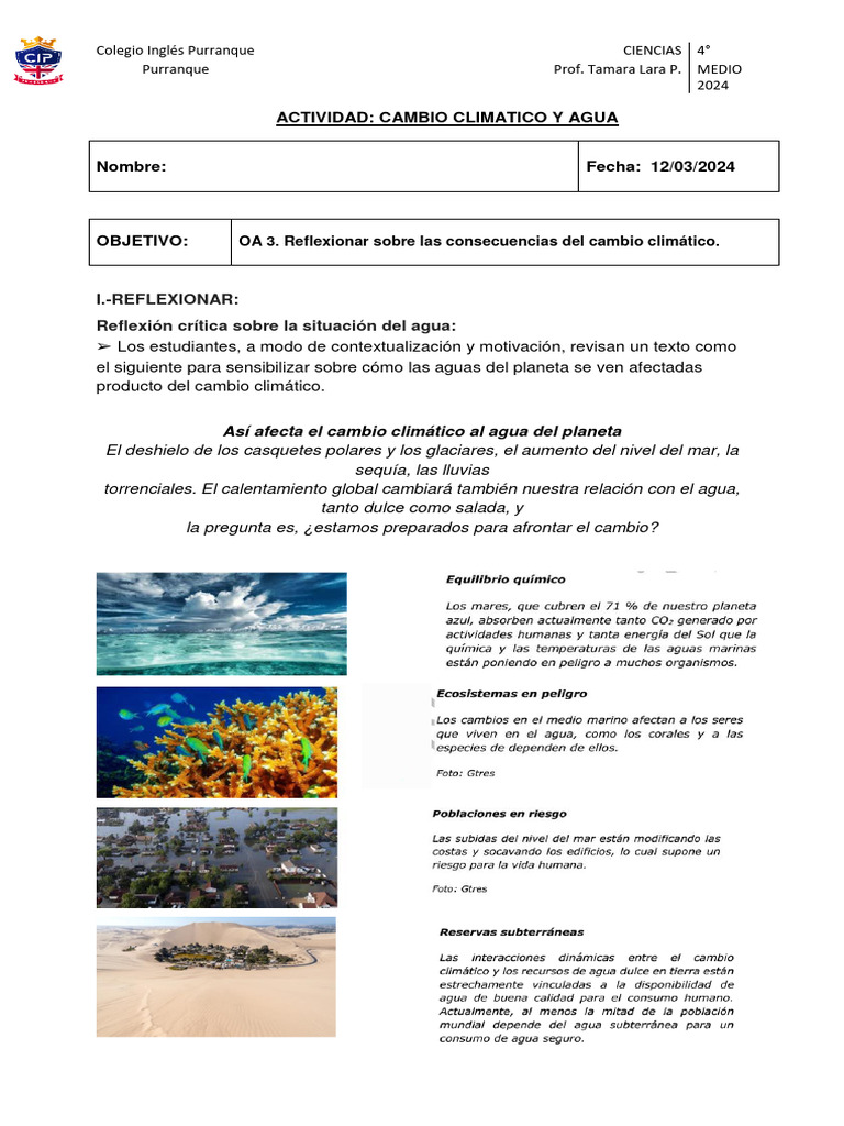 4° Actividad Cambio Climatico y Agua | PDF | Cambio climático | Agua