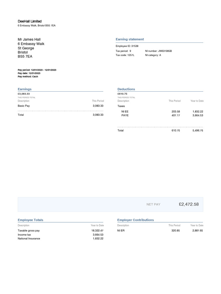 James Hall Payslip - Dec 2023 | PDF