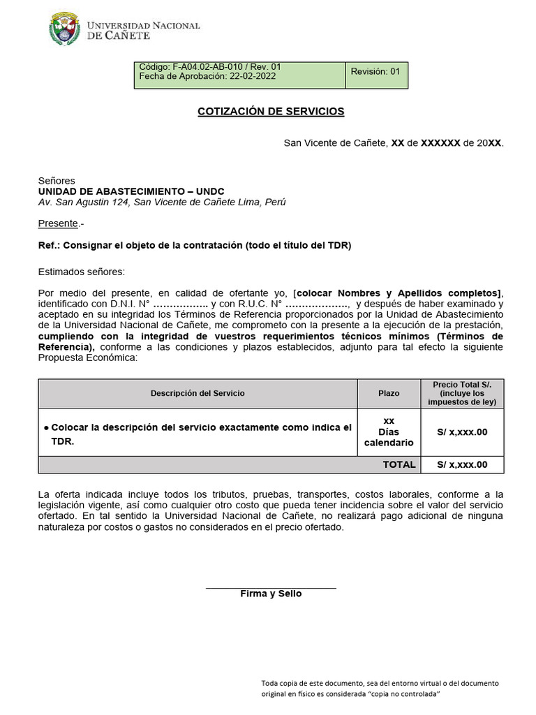 F-A04.02-Ab-010 Cotizacion de Servicio | PDF | Economias